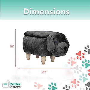 Critter Sitters 15-Inch Seat Height Dark Gray Dog Storage Ottoman, Faux-Suede Kids Ottoman for Nursery, Bedroom, Playroom, and Living Room Decor, Multifunctional Cushioned Animal Foostool for Toddlers