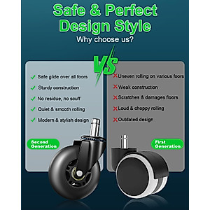 Rollerblade Office Chair Caster Wheels, Noise Free Chair Casters Set of 5 for Carpet, Hardwood Floor and Tile, Universal Fit for Most Chairs NOT Compatible for IKEA (Black)