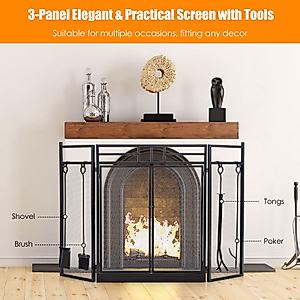 Tangkula 3-Panel Folding Fireplace Screen with Magnetic Hinged Doors, Fire Spark Guard with Fireplace Tools Set, Wrought Iron Decorative Mesh Cover with Wood Burning Stove Accessories, Black