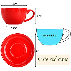 Yesland 2 Pack Ceramic Coffee Cup with Saucer, 8.5 oz Cappuccino Cup Latte Cup, Glossy Red Espresso Cups for Specialty Coffee Drinks, Latte, Cafe Mocha and Tea