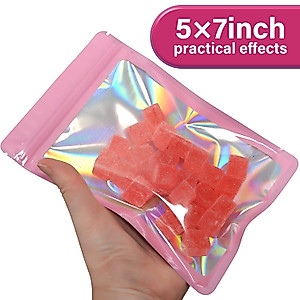 EONJOE 100-pack 5×7 inch mylar bags with clear window holographic resealable sealable packaging zip bag for small bussiness jewelry candy sample food packing supplies （Pink）