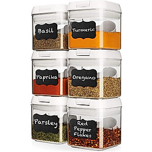 Shazo Airtight 6 Pc Spice Containers Set + 6 Spoons - Durable Clear Plastic Food Storage Containers with Lids - Kitchen Cabinet Pantry Organization for Spices, Herbs, Coffee, Tea etc