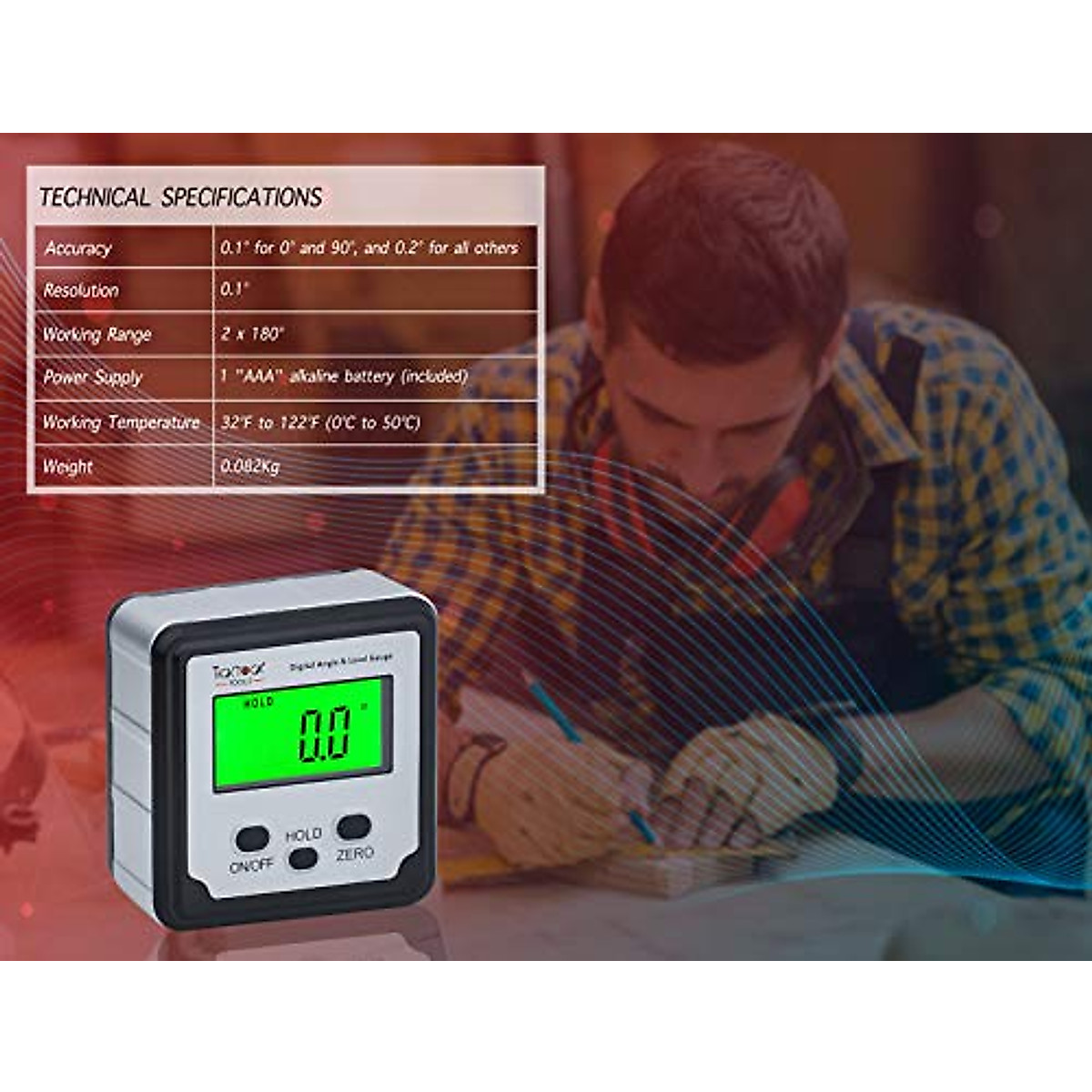 Digital Angle Finder by TickTockTools - Magnetic Mini Level and Bevel Gauge - Woodworking with Table or Miter Saw - Inclinometer - Precise Measurement Tool with LCD and Backlight - 180 Degree Rotation