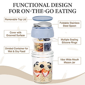 SOLIGT 4 Pack Overnight Oats Containers with Lids, Folding Spoons and Divided Compartments for Fruit & Nuts, Small Glass 16oz Mason Jars for Oatmeal (4 Set-Oat White/Green/Rose/Blue)