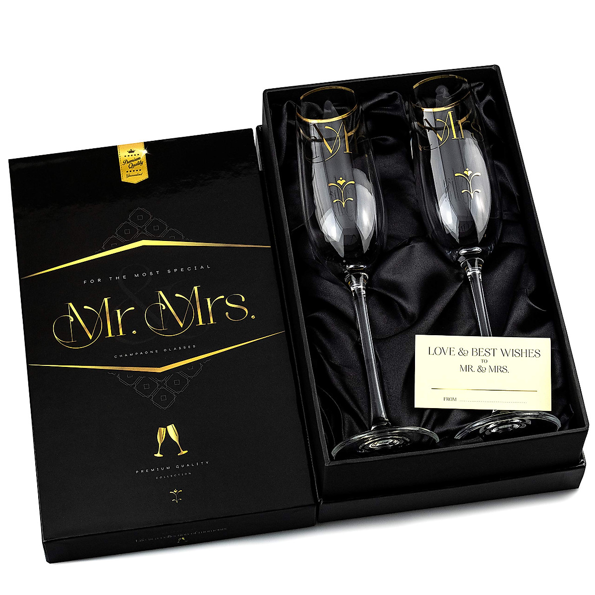 SAY HO UM Luxury Crystal Wedding Champagne Glasses for Toasting | Gold Mr Mrs Toast Flutes Set for Bride and Groom | Elegant Gift for His and Hers Engagement, Bridal Shower, Couple Anniversary