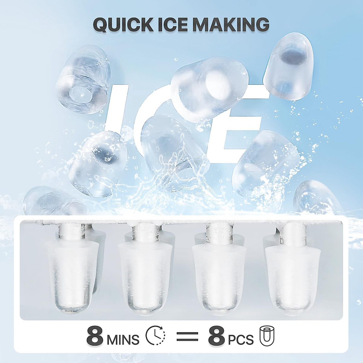 mollie Ice Makers Countertop, 8 Mins 8 Bullet Ice, 24lbs Per Day, Portable Ice Maker Machine with Handle, Self-Cleaning Ice Scoop and Basket, for Home Kitchen Office Camping Bar Party, White