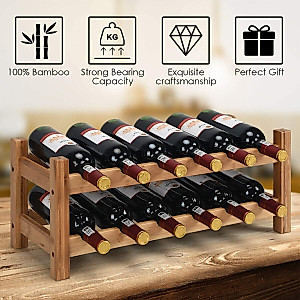COSTWAY Wine Rack, Bamboo 12 Bottles 2-Tier Wine Display Rack for Countertop Home Kitchen Pantry, Free Standing Wine Storage, Rack Tabletop Wine Rack (Nature)