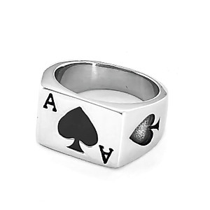 JAJAFOOK Biker Ring Mens Womens Solid Polished Stainless Steel Signet Ring Poker Spade Ace Silver Black Size 5