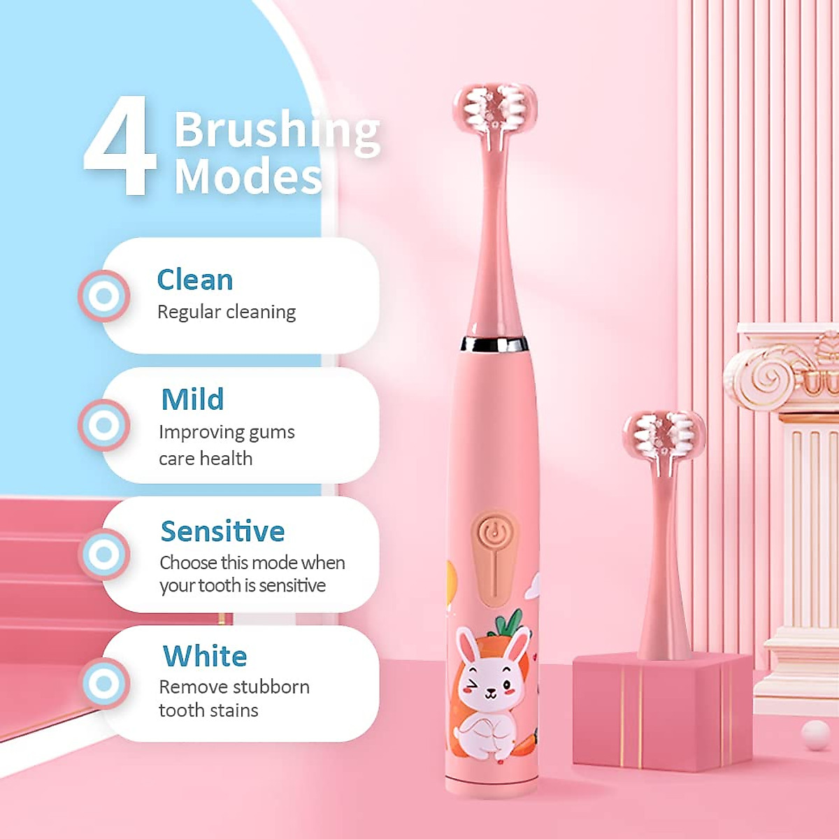 LEYUYO Electric Toothbrush for Kids 6 Sided 360° Sonic Cleaning 31000 Strokes Rechargeable 3D Sonic Tooth Brush with Timer, 2 Bristles, 4 Modes, Pink