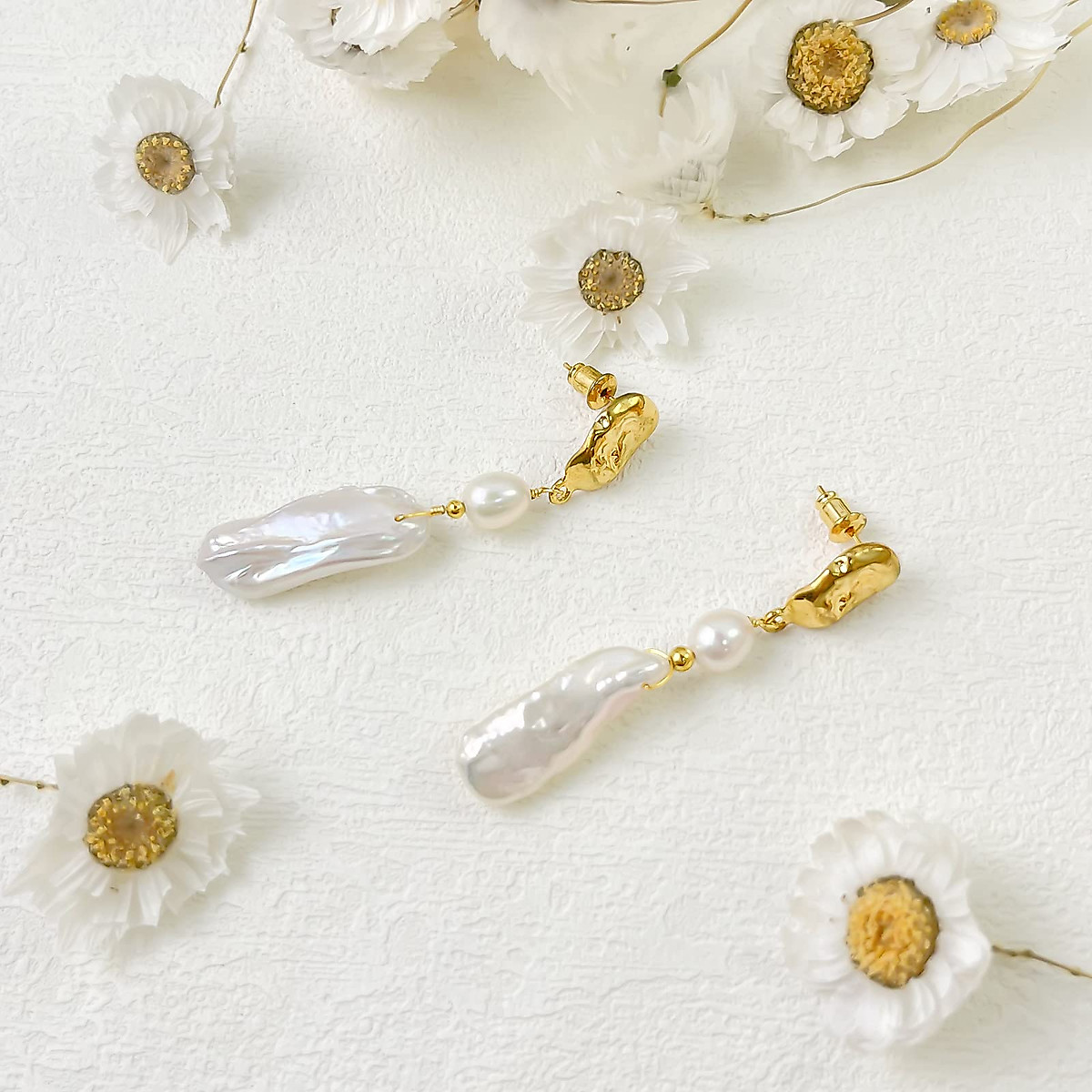 Baroque Keshi Pearls Stud Earring Natural Freshwater Pearls Dangle Earrings Gold Pearl Drop Earrings Jewelry S925 with 14K Gold Plated Modern Eardrop for Women