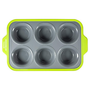 JXWING 6 Cups Non-stick Silicone Cupcake Baking Pan with Ergonomics Grips, Premium Stainless Steel Core Muffin Pan, Green