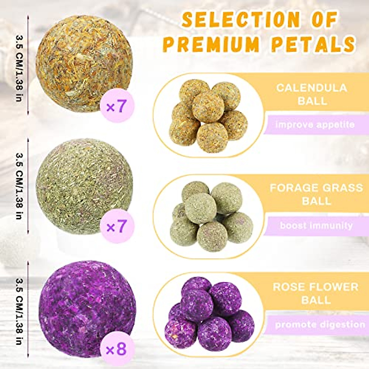 Nuanchu 22 Pieces Flowers Timothy Hay Balls Bunny Chew Balls 3 Flavors Chew Toys Chew Treats Timothy Molar Ball for Bunny, Chinchillas Gerbils, Hamster Guinea Pig and Other Small Animals Teeth Care