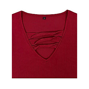 Summer Sexy Burgundy Red Tops for Women Deep V Neck Short Sleeve 2025 Trendy Cleavage Criss Cross Low Cut Plunge Concert Going Out Date Night Party Club Ribbed Knit T Shirts Fitted Blouses M