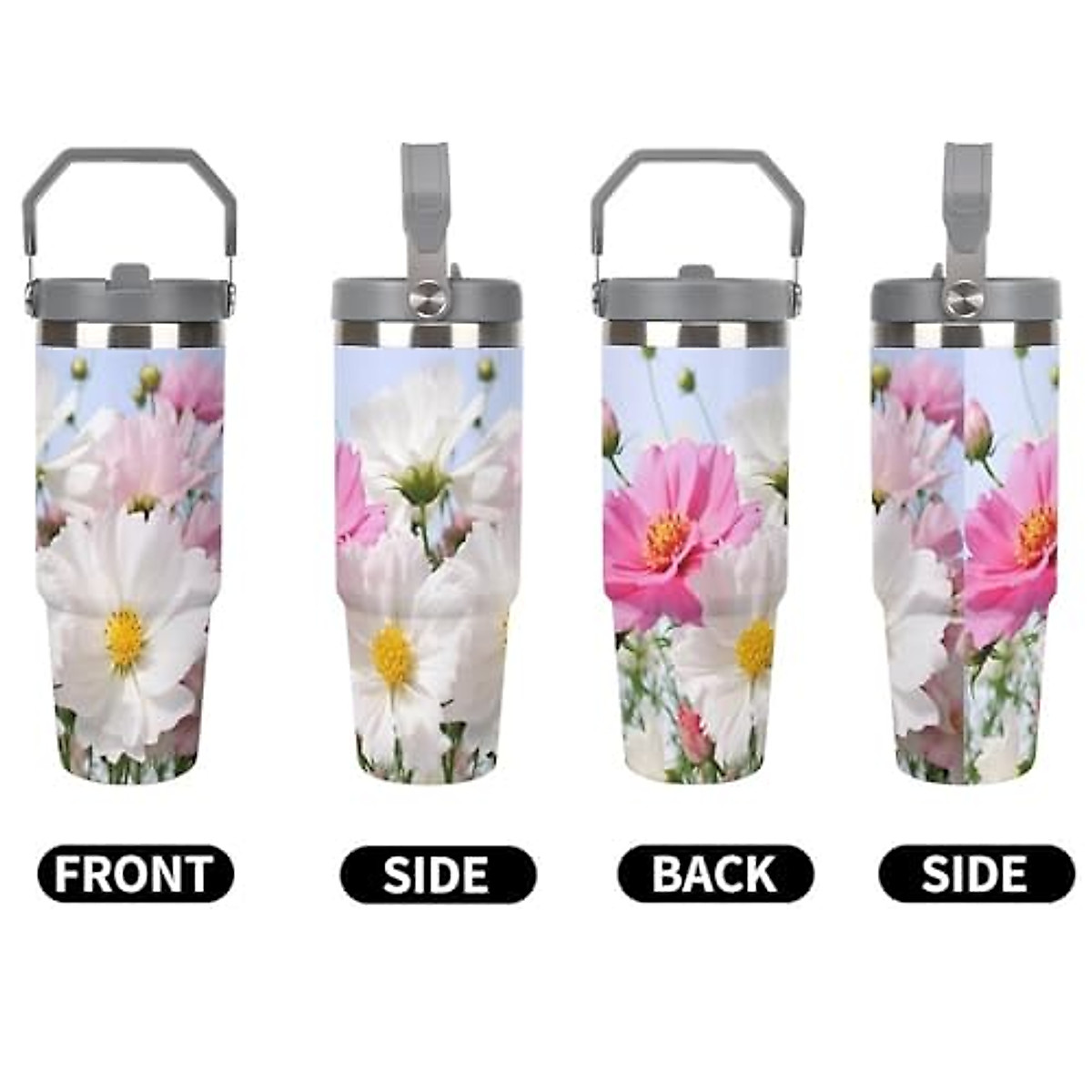 BWQJKUO Large Capacity Car Cup 30 Oz Stainless Steel Pink And White Flowers Printed Travel Mug Leak-proof Flip Straw Tumbler with Handle,keeps Cold Or Ho