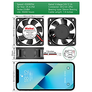 Wathai 60mm x 25mm 24V Case Fan 2Pin DC Brushless for DIY Exhaust Cooling Project