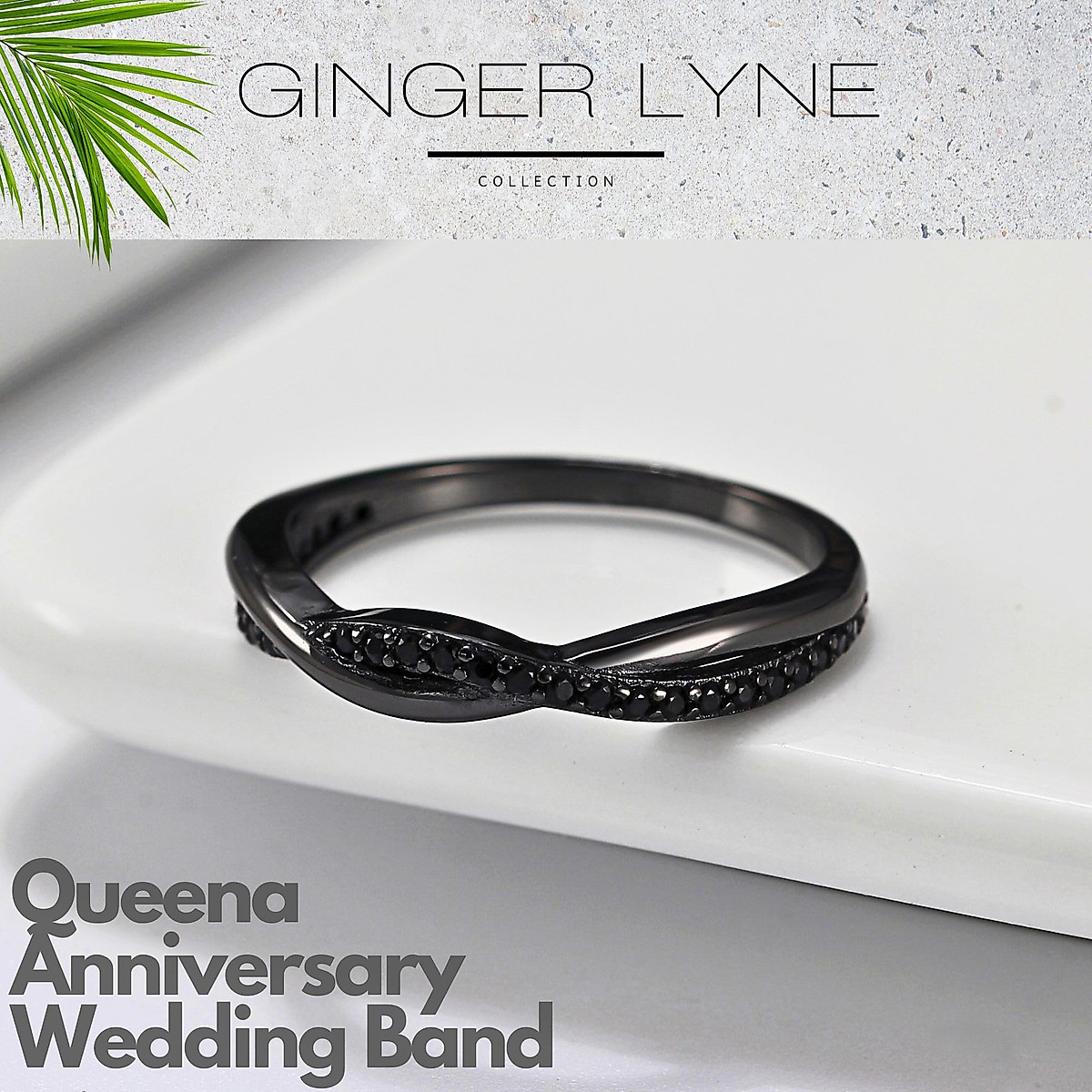 Half Eternity Twisted Wedding Band for Women by Ginger Lyne, Black 925 Sterling Silver Wedding Rings CZ Stackable Rings, Promise Ring for Her Anniversary Cubic Zirconia Engagement Rings for Women