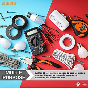 Sunlite 41325-SU 10-Pack PVC Electrical Tape, 60 Feet x 0.75 Inches, For Splicing, Protecting, and Insulating Wires, Abrasion Resistant, Flame Retardant, Weatherproof, UL Listed, White