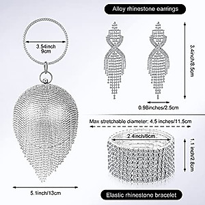 Saintrygo 3 Pieces Silver Clutch Purses Bag for Women Evening Rhinestone Jewelry Set Bling Earrings Elastic Bracelets Set Rhinestone for Women Wedding Party