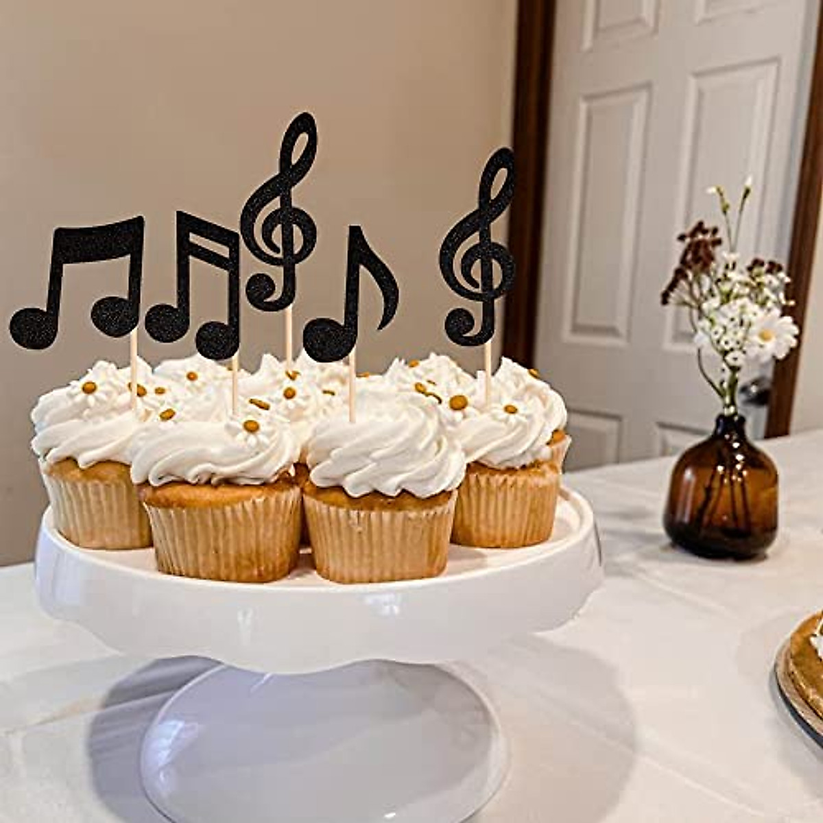 24 PCS Music Notes Cupcake Toppers Black Glitter Musical Symbol Cupcake Picks for Rock Music Concert Theme Baby Shower Wedding Birthday Party Cake Decorations Supplies