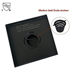 Neodrain 6-Inch Square Shower Drain with Removable Quadrato Pattern Grate,Brushed 304 Stainless Steel, with Watermark&CUPC Certified,Black