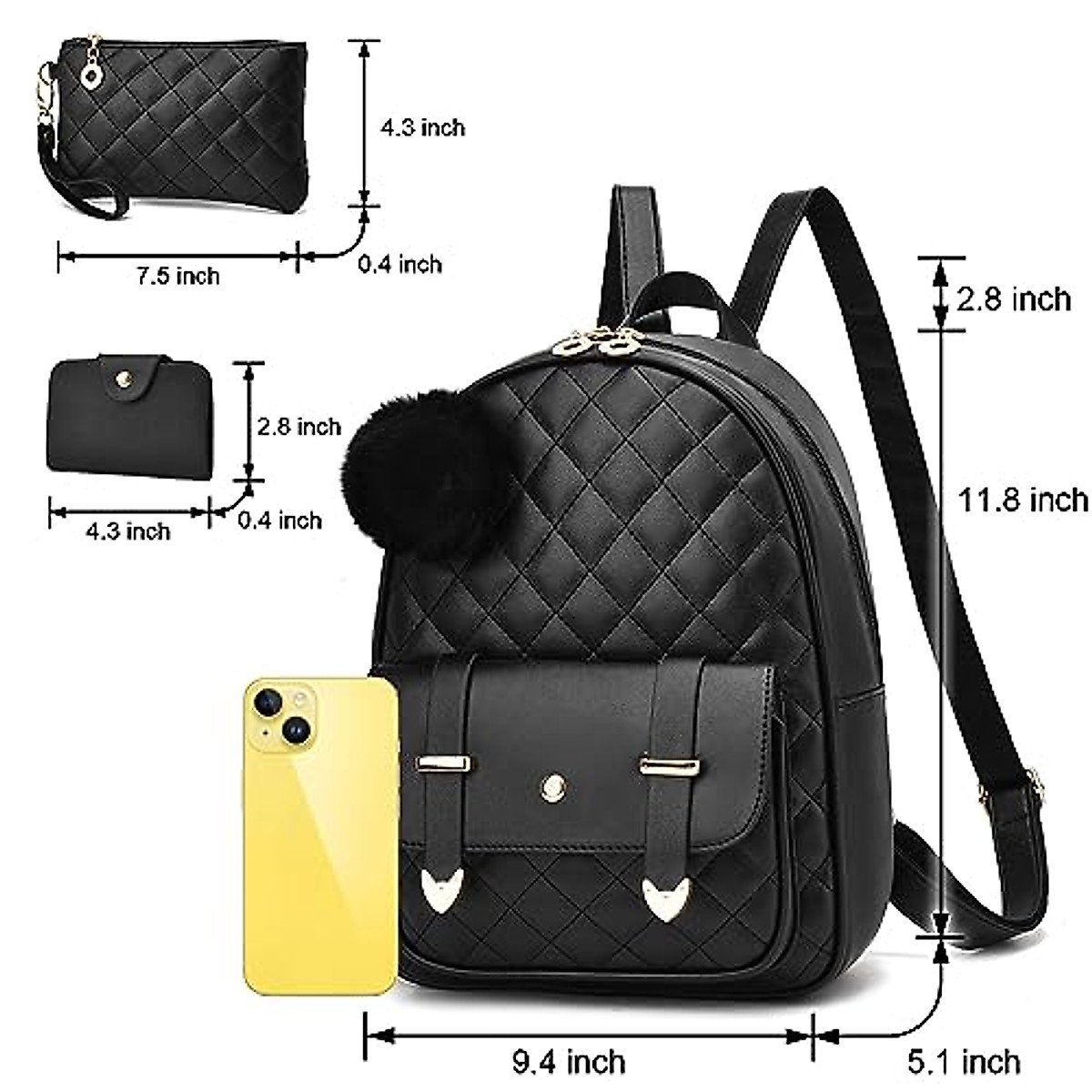 I IHAYNER Backpack Purse for Women 3PCS Leather Cute Small Backpack Purse with Pompom Mini Backpack for Women Travel Backpack (Black)