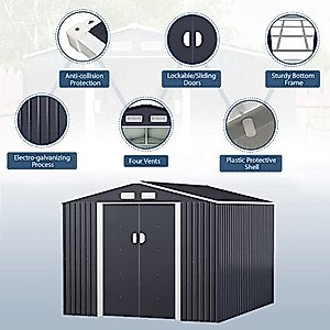 JAXPETY 9.1' x10.5' Outdoor Storage Large Shed, Galvanized Metal Shed for Garden Patio Lawn Backyard, Garden House with Lockable Double Doors and Four Vents, Gray
