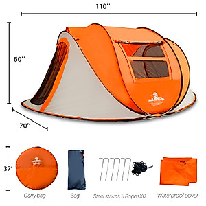 J.M.Deco 3-4 Person Pop Up Tents for Camping with 2 Windows, Backyard Sunny Beach Instant Popup Tent for Family, Hiking Camping Tents 4 People for Backpacking, Easy Setup Tent 110''x70''x50'',Orange