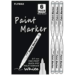White Paint Pen, 6 Pack 0.7mm Acrylic White Permanent Marker White Paint Pens for Wood Rock Plastic Leather Glass Stone Metal Canvas Ceramic Marker Extra Very Fine Point Opaque Ink