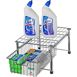 SimpleHouseware Stackable 2 Tier Sliding Basket + Single Tier Basket, Chrome