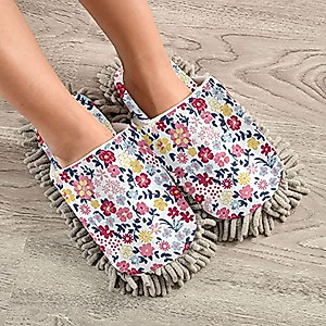 Kigai Microfiber Cleaning Slippers Cute Floral Washable Mop Shoes Slipper for Men/Women House Floor Dust Cleaner, Size L