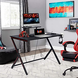 FurnitureR 47'' Gaming Desk with Monitor Stand Computer Gaming Table Home Office Desk with Cup Holder and Headphone Hook, Modern Simple Gamer Game Table, Black