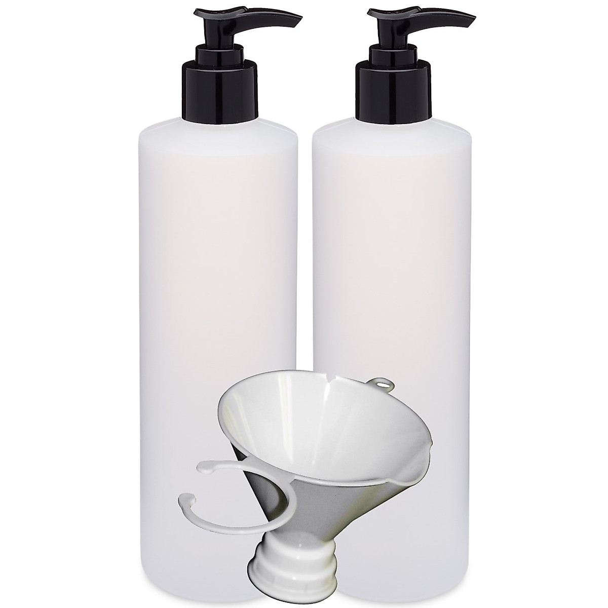 Earth's Essentials Two Pack Of Refillable 16 Oz. HDPE Plastic Pump Bottles With Patented Screw On Funnel-Great For Dispensing Lotions, Shampoos and Massage Oils.
