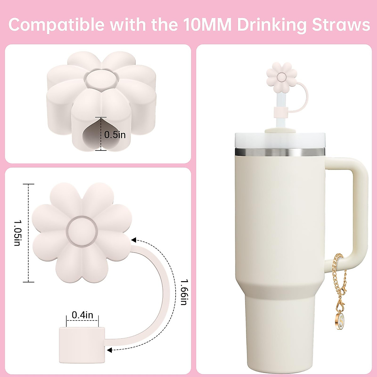 ANGSTUEM 4PCS Straw Cover for Stanley Cup 30& 40 Oz Tumblers,9-10mm Soft Silicone Straw Toppers for Stanley Cup Accessories, 2PCS Initial Letter Stanley Charms for Handle,Dust-proof Straw Covers