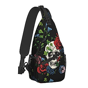 Skull And Rose Flower Sling Bag Crossbody Backpack For Women Men Hiking Travel Over The Shoulder Bag Pouch Small Daypack Casual One Strap Pack Lightweight Cross Chest Bag Purse Outdoor Cycling