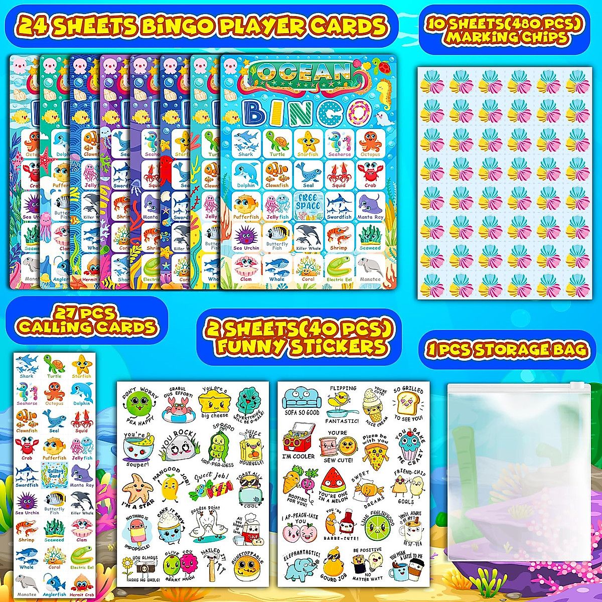 YTSQLER Ocean Bingo Game 24 Players Ocean Animals Bingo Game for Kids Bingo, Under The Sea Party Bingo Games for Family Classroom Activity Ocean Party Supplies