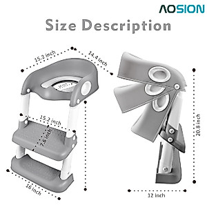 AOSION-Potty Training Seat with Step Stool Ladder, Potty Seat with Ladder for Kids,Adjustable Toddler Toilet Training Seat for Boys and Girls with Non-slip Soft Pads,Safety Handle (Grey)
