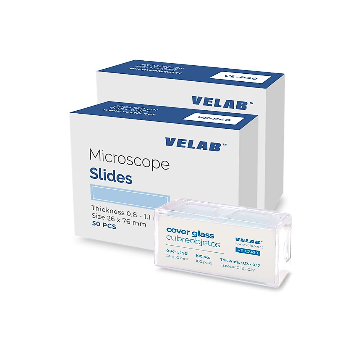 VE-P40 100 pcs Microscope Slides, Borosilicate Glass, Ground Edges, Double Frosted & 100 pcs Square Glass Covers.