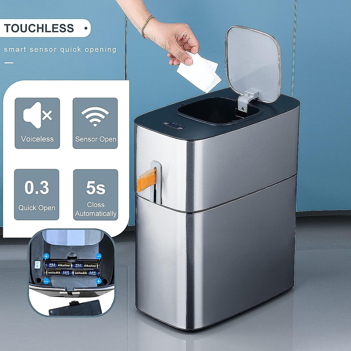 MOPUP Touchless Bathroom Trash Can, 4 Gallon Narrow Metal Automatic Privacy Garbage Can with Motion Sensor and Waterproof Design for Bedroom, Office, Toilet.Stainless Steel Dog-Proof Trash Bin.