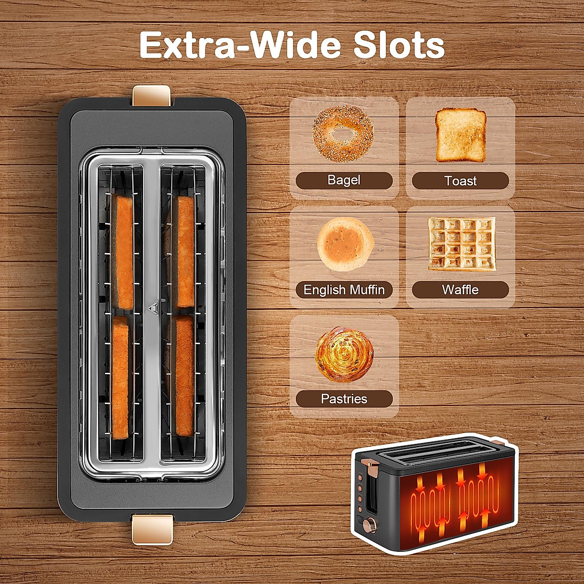 Mecity 4 Slice Toaster, Long Slot Toaster With Warming Rack, Bagel/Defrost/Reheat Functions,Warming Rack, Crumb Tray, 6 Browning Settings, Extra Wide Long Slots, Stainless Steel, 1300W,Grey