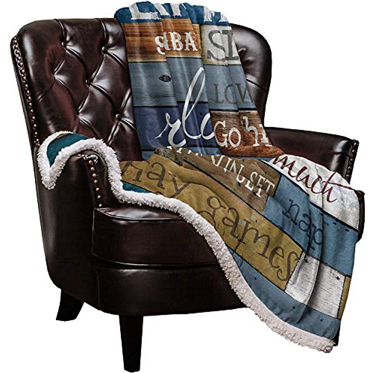 Yun Nist Lake Rules Fleece Sherpa Throw Blanket Inspirational Quotes Soft Warm Cozy Fuzzy Blankets Wood Grain Reversible Plush Fluffy TV Throws for Couch Sofa Bed Farmhouse 40x50In