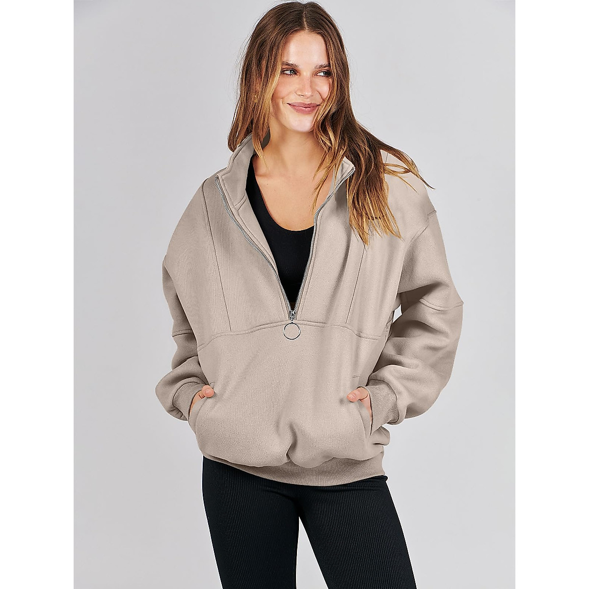 ANRABESS Women's Oversized Half Zip Fleece Sweatshirts Quarter Zip Pullover Top Fall 2024 Outfits Trendy Clothes Light Brown X-Large