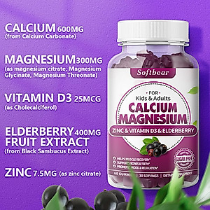 softbear Calcium Magnesium Zinc Gummies for Women, High Absorption Calcium Magnesium Supplement Chewable Calcium 600 mg for Bone Strength Vegan Elderberry Flavor 120 Gummies