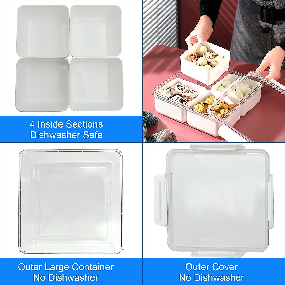 Famiredo Food Storage Organizer with Lid, Divided Serving Tray with 4 or 5 Removable Boxes, Stackable Refrigerator Organizer Bins Produce Saver for Meal Prep(Square)