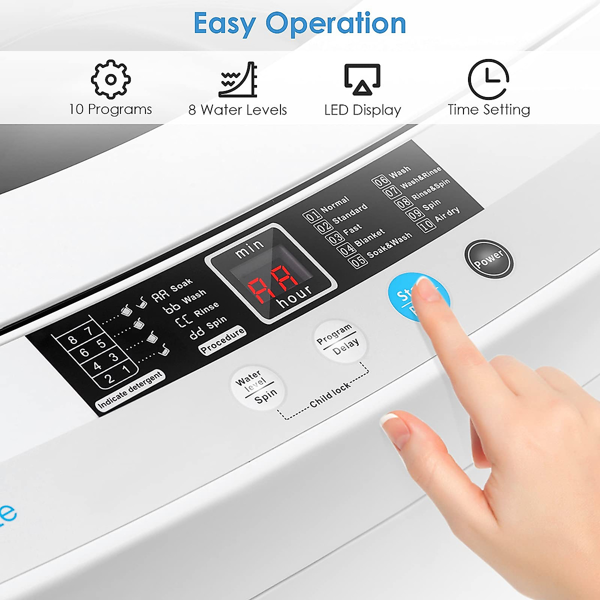 Casart Washing Machine Portable Compact 9.92lbs Capacity Full-Automatic W/Drain Pump,10 programs 8 Water Level 1.34 Cu.ft Cloth Washer and Spinner