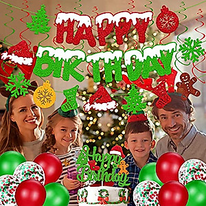 Christmas Birthday Decoration Happy Birthday Banner Christmas Cake Topper Red Green Hanging Swirls Balloons for Merry Christmas Tree Winter Snow Happy New Year Theme Party Supplies