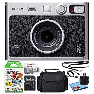 Fujifilm Instax Mini EVO Hybrid Instant Film Camera (16745183) Bundle with 20 Instant Film Sheets + 32GB microSD Memory Card + Small Padded Case + SD Card Reader + Microfiber Cleaning Cloth