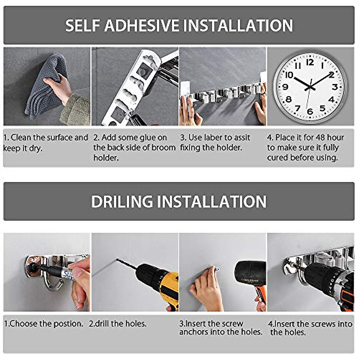 JEWJIO Broom Mop Holder Wall Mounted - Broom Storage Rack Utility Hanger 3 Racks 4 Hooks for Bathroom Home Kitchen Office Closet Garage Stainless Steel Heavy Tool Storage Rack (15 Inch)