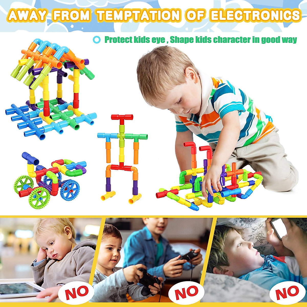 354 Pcs STEM Building Blocks Set Toy For Kid, Pipe Tube Sensory Toys with Wheels, Baseplate, Interlocking Storage Box, Kids Construction Building Blocks Educational Toy Gift For Toddler Boy Girl Child