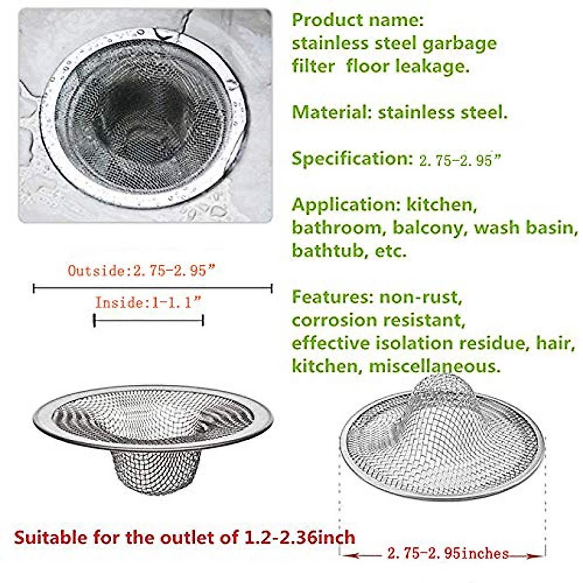 KRISMYA 2pcs Stainless Steel Mesh Metal Sink Strainer Bathtub Drain Hole Hair Catcher Drain Hole Filter Trap（2.75 Inch）