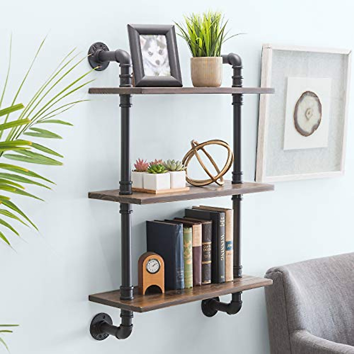 EXCELLO GLOBAL PRODUCTS 3-Tier Rustic Wooden Wall Floating Shelf Display 24"x36" with Iron Pipe for Kitchen, Bedroom, Office
